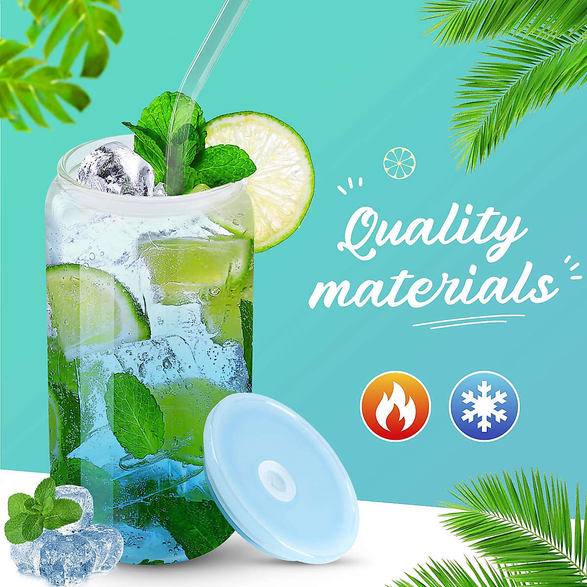 Joyclub 16oz Glass Cups with Acrylic Lids and Straws 8 Set Can Shaped Glass Iced Coffee Cups with Lids, Gradient Drinking Glasses Cute Tumbler Cup Great for Smoothie Soda Boba Tea Cocktail Beer Gift