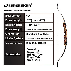 Deerseeker Archery 62" Takedown Recurve Bow Set for Adults & Youth with Right Hand & Left Handed Laminated Wooden Riser Bow Hunting Target Shooting 20-60lbs（RH 50lb）