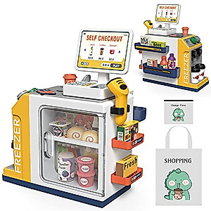 Cash Register Playset for Kids - 48PCS Pretend Play Money, Calculator, Scanner, Credit Card and Play Food for Boys and Girls Ages 3+ (668-125)