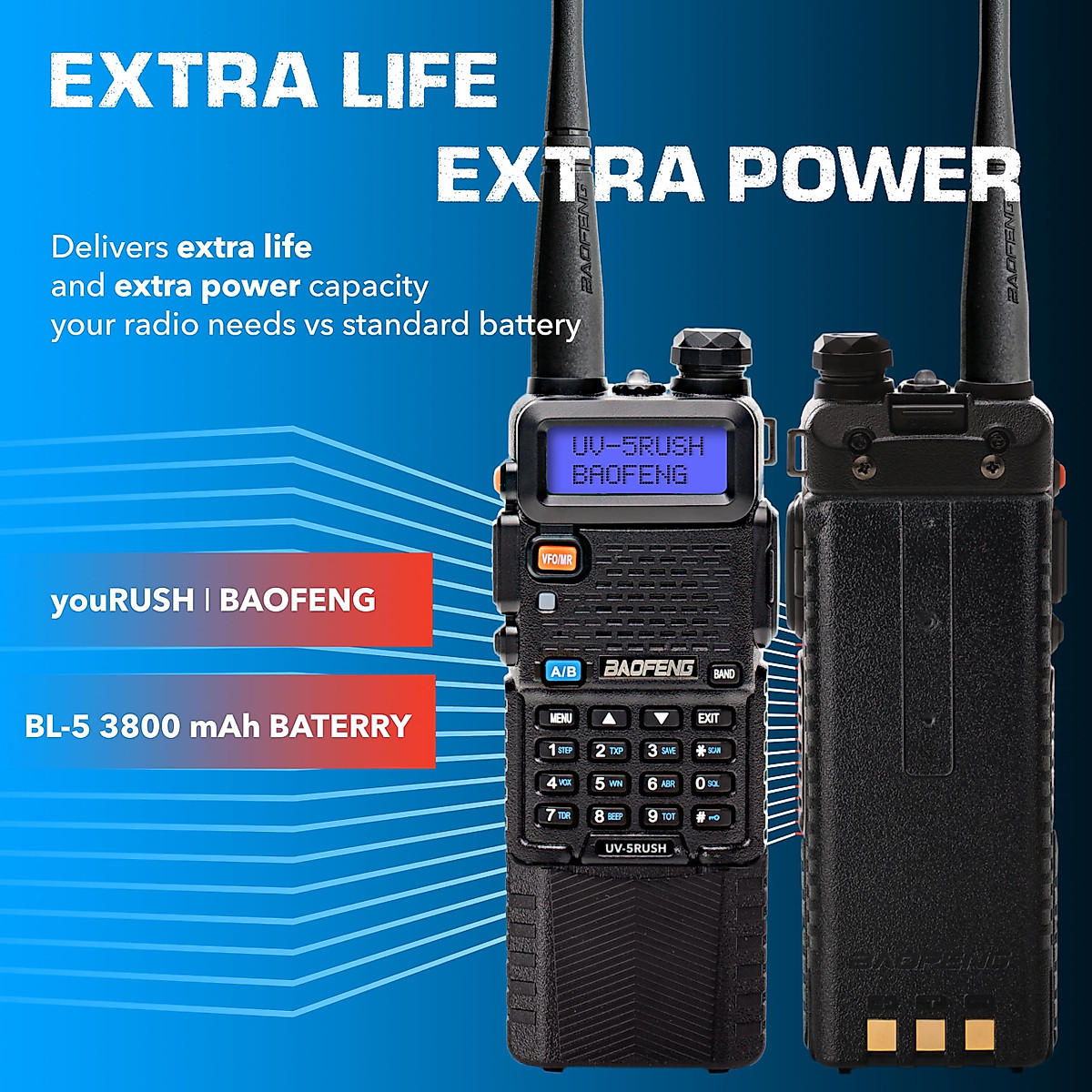 youRUSH Portable Ham Radio 2 Pack BAOFENG UV-5R 8W Dual Band Two Way Radio with Extended Battery BL-5L 3800 mAh with Lanyard & USB Programming Cable & USB Charger Cables, Chirp Support, USA Warranty