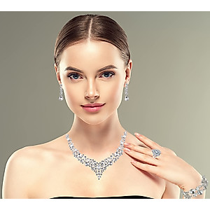 Paxuan Crystal Rhinestone Women Jewelry Sets for Wedding Bridal Party Bridesmaids Crystal Necklace Earrings Bracelets Rings Jewelry Set for Mother’s Day