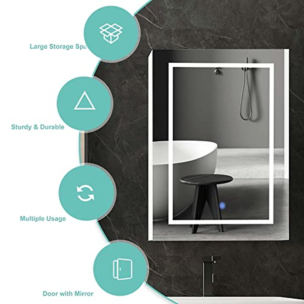 Waktavel Medicine Cabinets with Adjustable Storage Shelf, LED Illuminated Bathroom Mirror Cabinet, Wall Mounted Storage Cabinet with Doors for Bathroom, Bedroom, Vanity, White