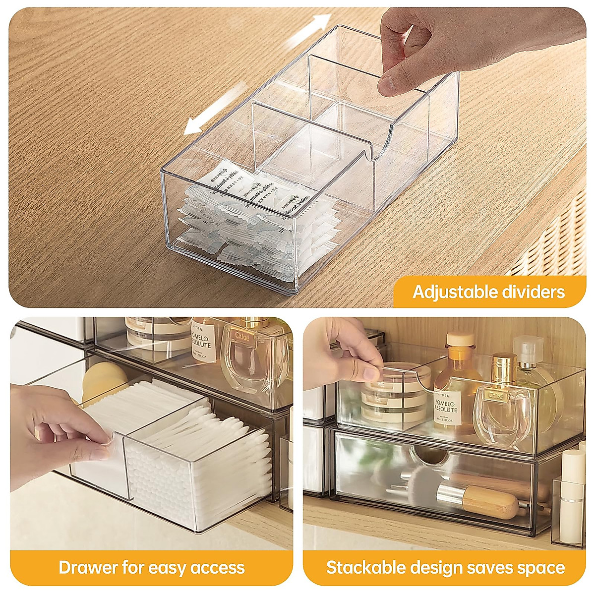 PAVSTINE Medicine Cabinet Organizer 3 Pack, Plastic Stackable Storage with 2 Drawers, Bathroom Mirror Cabinet Organizer with Removable Dividers for Wall Cabinet, Vanity, Countertop, Clear