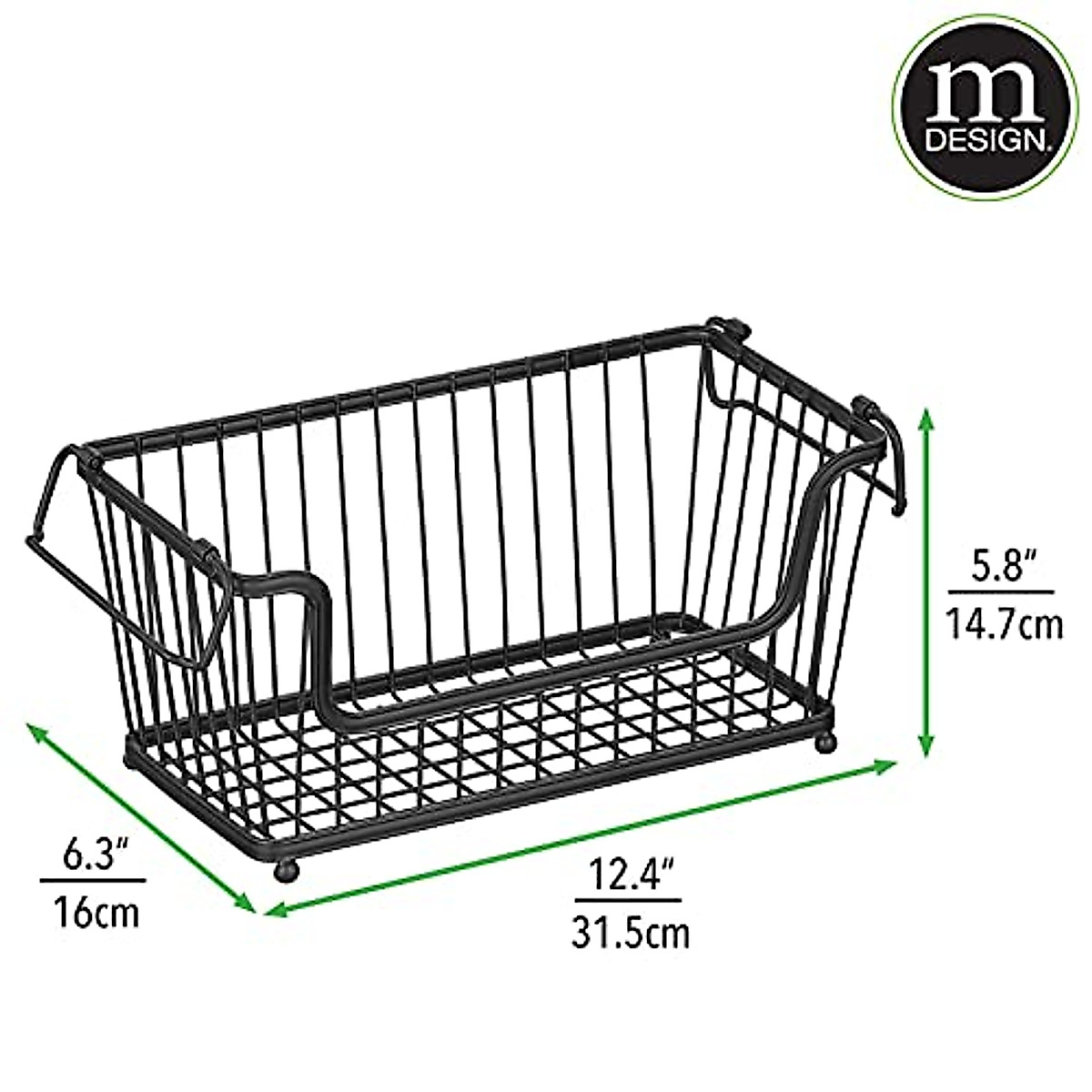 mDesign Stackable Metal Basket for Kitchen Storage - Wire Farmhouse Bin Basket w/Handles for Pantry - Stacking Wire Basket Organizer for Food, Drinks, Snacks - Hyde Collection, 6 Pack, Black