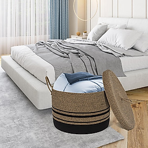 ORGMASTER Laundry Basket with Lid, Woven Cotton Rope Laundry Hamper Foldable Storage Organizer Bin Blanket Basket for Comforter, Cushions, Clothes, Pillows, 20.5x20.5x15 Inch, Deep Brown/Black