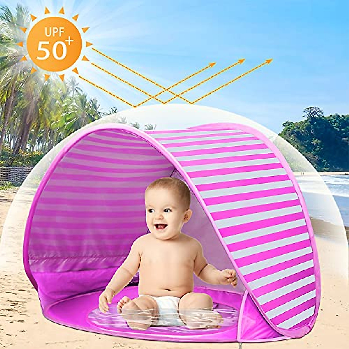 Bycc Bynn Baby Beach Tent, Pop Up Portable Beach Canopy, UV Protection Sun Shelter with Pool for Infant (Stripe-Pink)