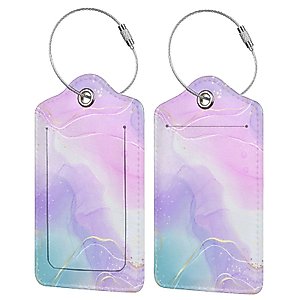Pink Luggage Tags 2 Pack for Girls Women, Watercolor Light Purple and Cyan Blue Background Leather Suitcase Tags Identifiers, Cute ID and Name Labels with Privacy Covers for Backpack Travel Bag