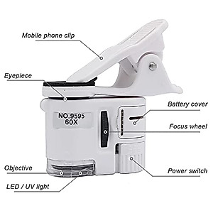 60x Pocket Microscope, Handheld Portable LED Lighted Magnification Endoscope with a Mobile Phone Adapter Clip, Built-in UV and LED Flashlight