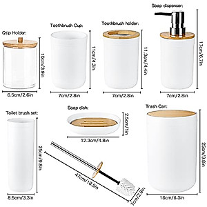 OTOSTAR Bathroom Accessories Set 8-Piece Bamboo Gift Set Bathroom Accessory Set with Trash Can 2 Qtip Holder Jars Soap Dispenser Toothbrush Holder Tumbler Cup Soap Dish Toilet Brush Holder (White)