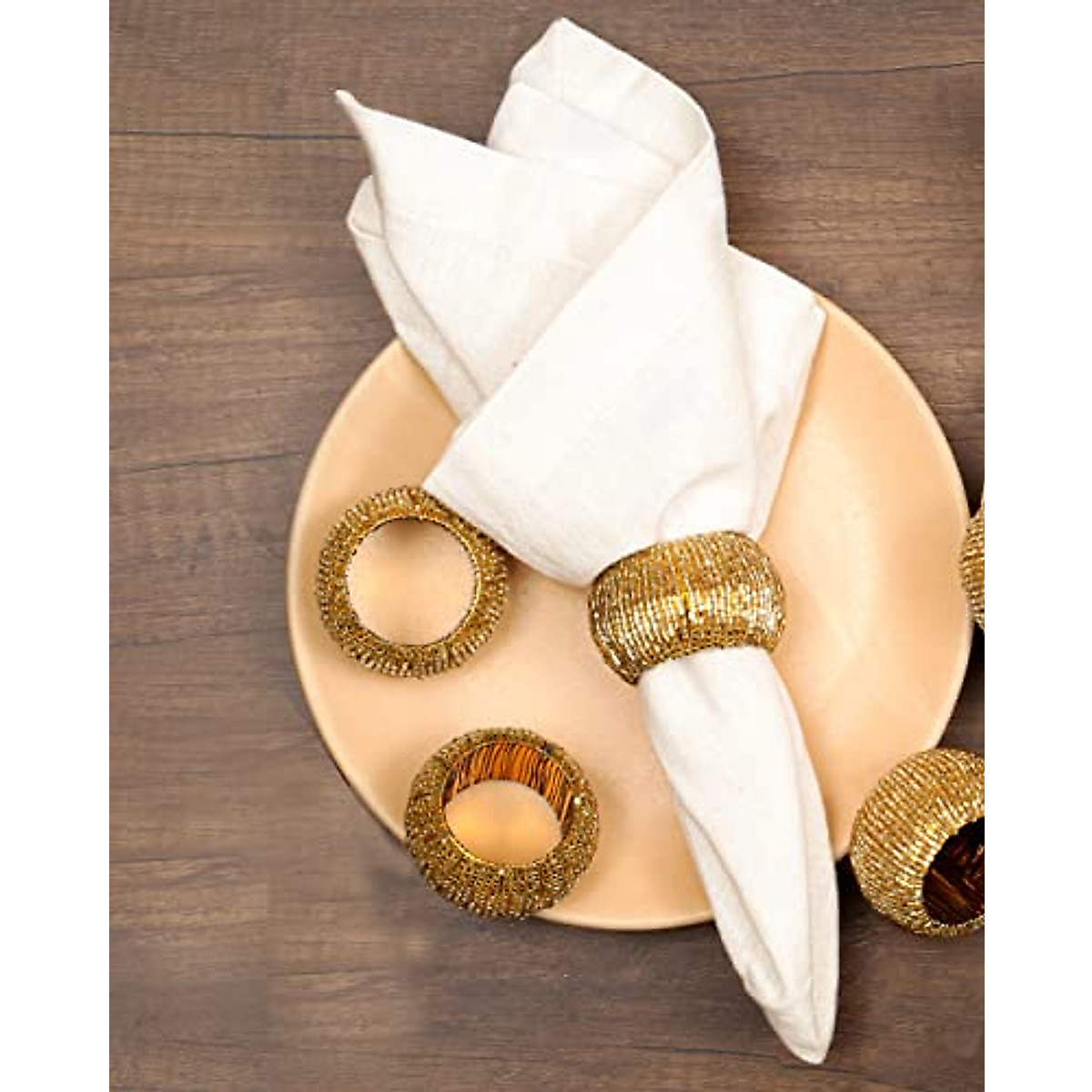 Goroly Home Beaded Napkin Rings Set of 4, Hand Made Round Beaded Napkin Rings Perfect for Christmas, Thanksgiving, Family Gatherings - A Beautiful Complements to Your Dinner Table Décor - Gold