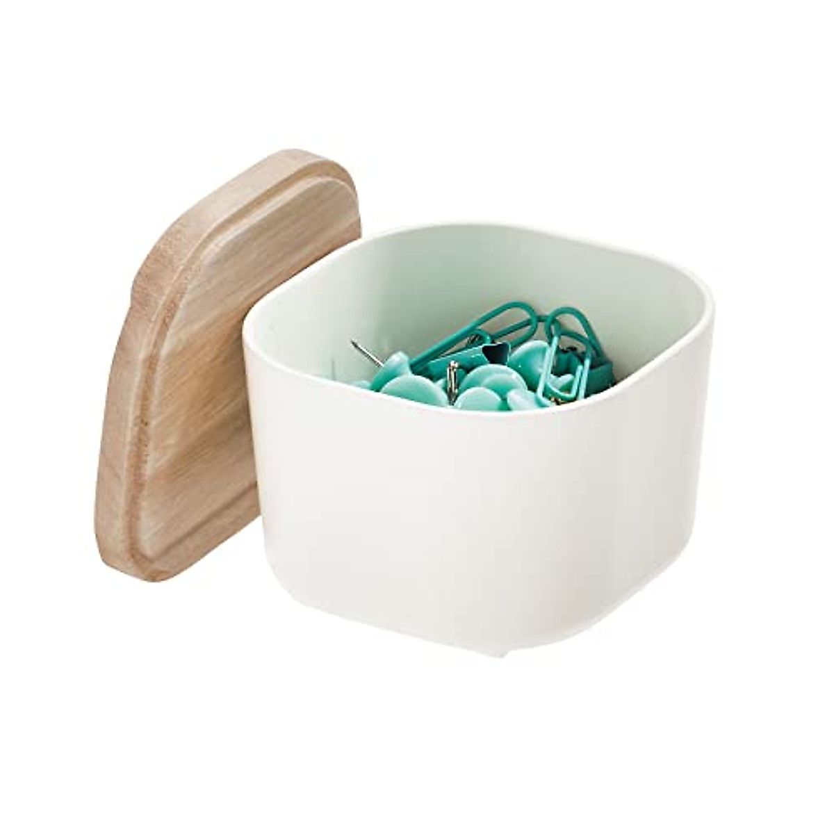 iDesign Recycled Plastic Compact Drawer Organizer Bin with Paulownia Wood Lid, Small, Coconut