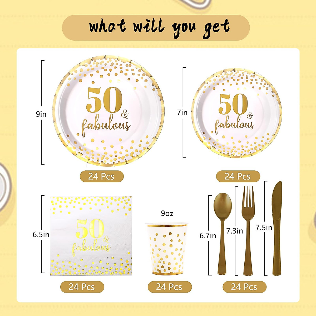 Gudvilla 50th Birthday Decorations for Men Women, 168Pcs 50th Birthday Plates and Napkins Party Supplies, 50 and Fabulous Birthday Plates with Gold Dot Serve 24 Guests, 50th Anniversary Decorations