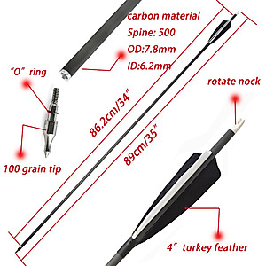 SHARROW 12 Pack 34" Archery Carbon Arrows Practice Hunting Arrows 500 Spine with 4 Inch Shield Real Turkey Feathers 100 Grain Removable Tips for Compound Recurve Bow (Arrows)