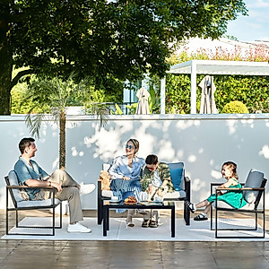 NATURAL EXPRESSIONS 4 Pieces Patio Furniture Sets,Outdoor Metal Sectional Furniture Modern Patio Conversation Set,Fuaxwood Anti-Scald Armrest,Sling Mesh,Tempered-Glass Table,4" Olefin Cushions