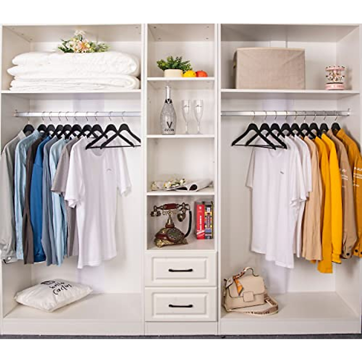 20 Luxury 16.5" Ultra Thin Space Saving Black Wooden Hangers, 360 Degree Swivel Hook, Best for Suit, Coat Hangers Shirts, Blouses, Pant, Dress Hangers Black with Gold Hook (Black, with Pant Bar, 20)