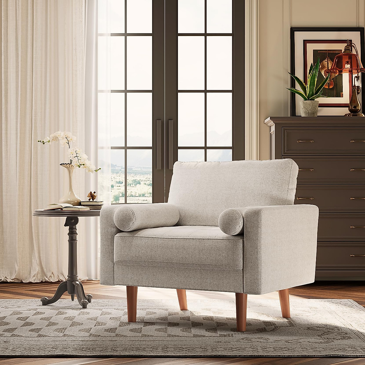 koorlian Beige Accent Chairs, Mid Century Modern Accent Chair with Track Armrest, Button Tufted Armchair, 2 Bolster Pillow, Linen Fabric Single Sofa Chair for Living Room/Bedroom/Office