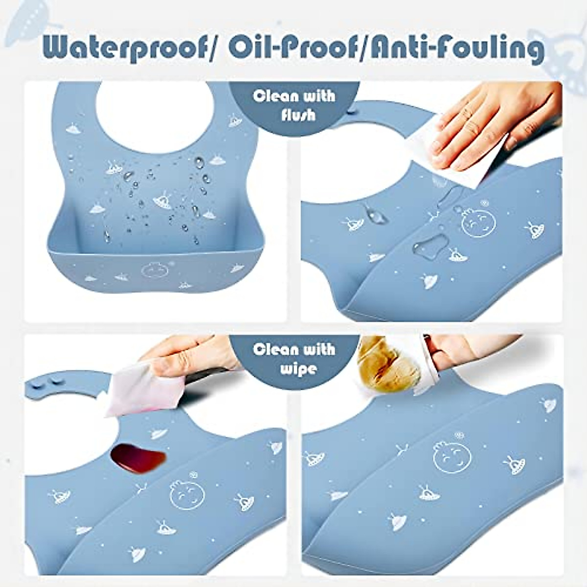 Little Dimsum Silicone Baby Bibs Soft Comfortable Baby Food Bibs Waterproof Feeding Bibs Toddlers Adjustable Silicone Bibs Baby with Food Catcher Easy Wipes Clean,Glatic&spaceship