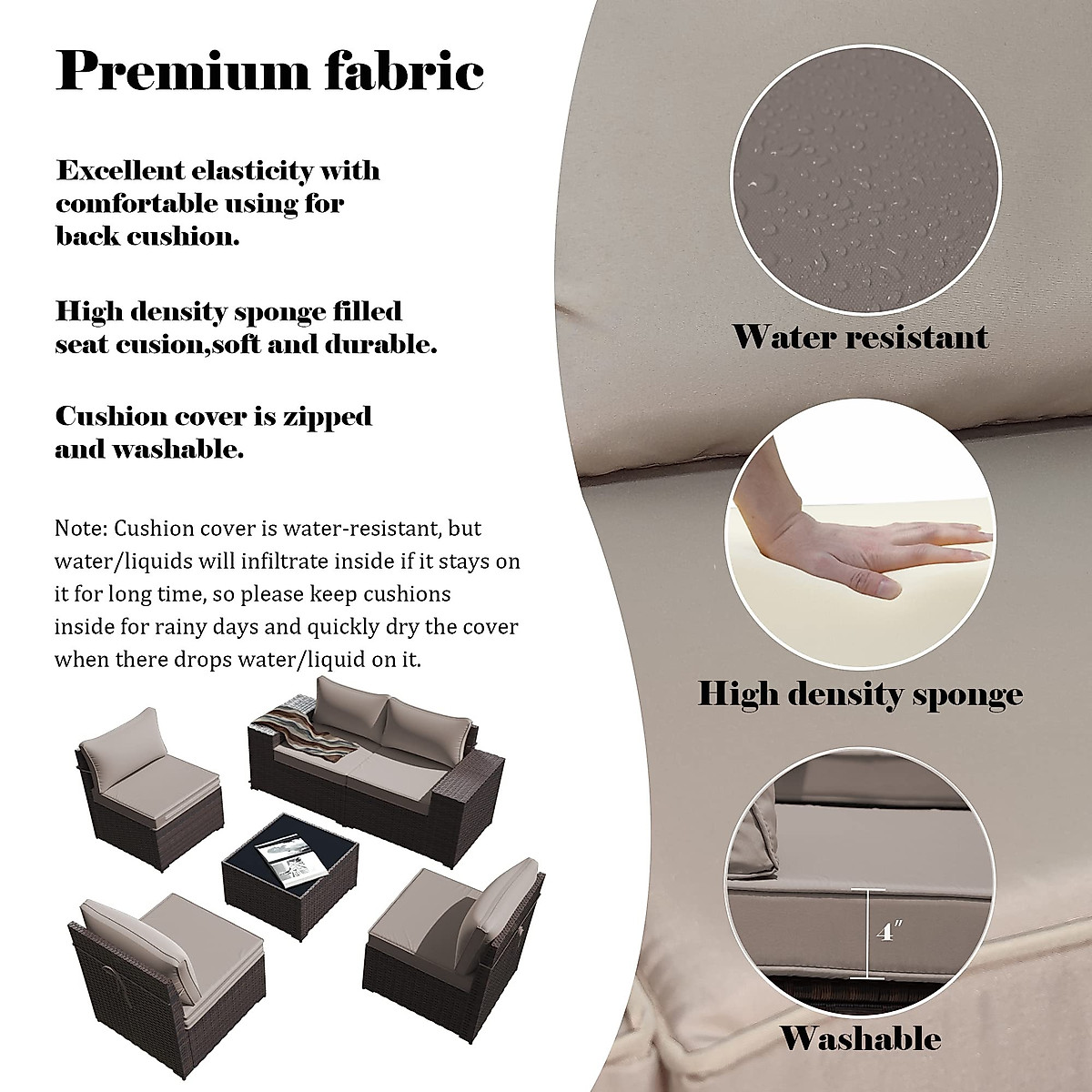 Gotland 6-Piece Patio Furniture Set, All-Weather PE Rattan Outdoor Sectional with Replaceable Khaki Waterproof Cushions and Coffee Table