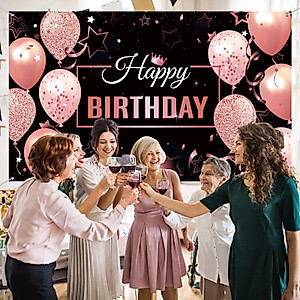 Black and Rose Gold Birthday Party Supplies 57 Pcs Rose Gold Black Balloon Arch Garland Kit Happy Birthday Photography Backdrop Banner Decorations for Women Men Kids Anniversary Birthday Party Decor