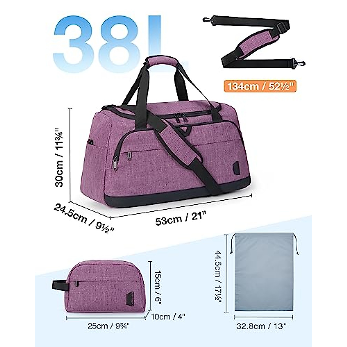 Weekender Bag for Women, BAGSMART 38L Carry on Overnight Bag, Gym Bag Personal Item Travel Bag with Trolley Sleeve, Shoe Bag, Purple-38L