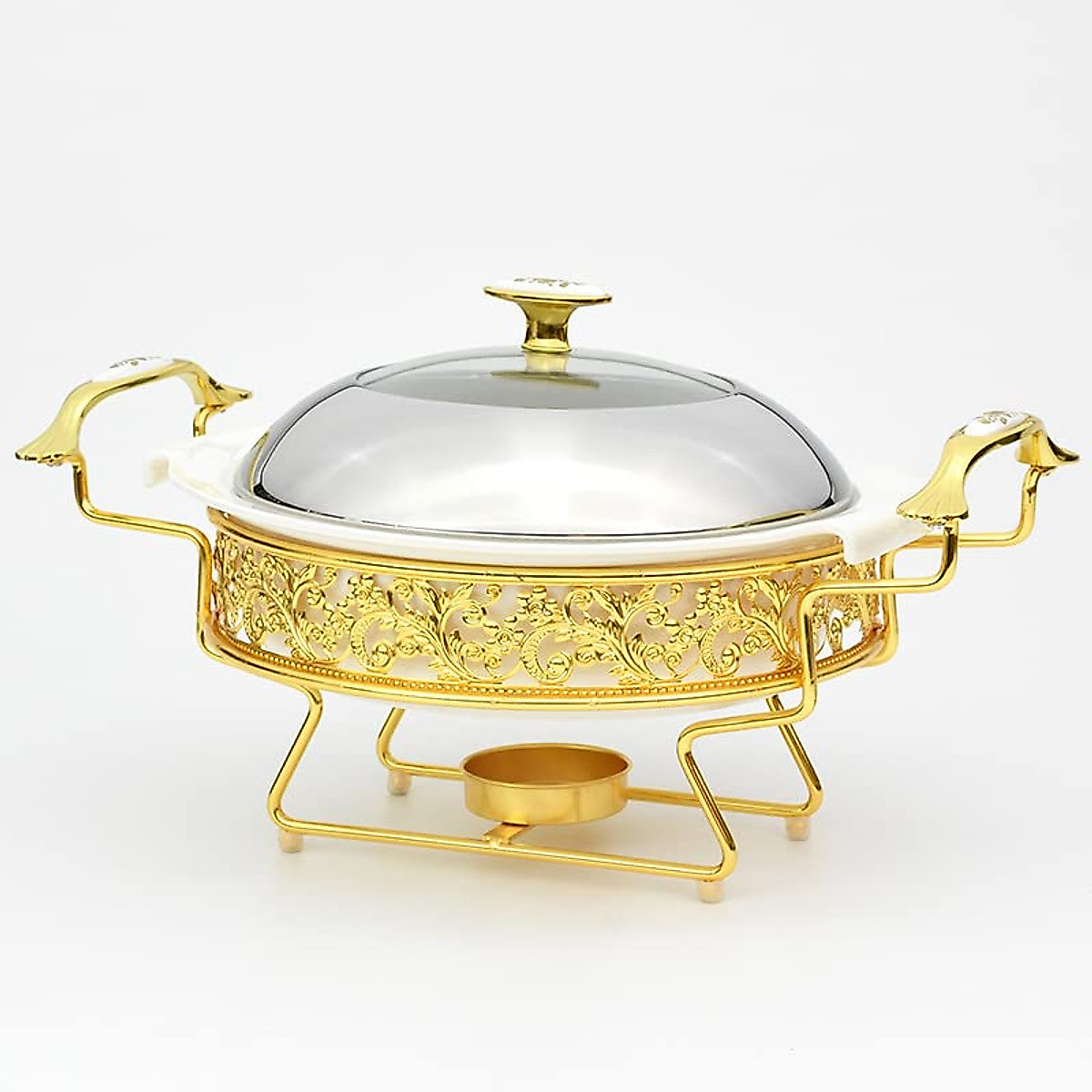 13inch Buffet Food Tray Stainless Steel Chafing Buffet Dish Round Chafer Full Size Food Warmer Heating Pan Large Capacity Serving Tray with Lid for Home Restaurant Canteen Warm Buffet Server,Gold