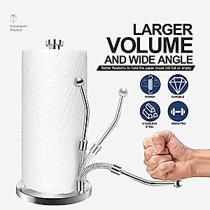 Paper Towel Holder Countertop,Longer Spring Arm(8cm) Stainless Steel Kitchen Paper Towel Holder Stand,Brushed Nickel Easy Tearing Paper Towel Dispenser with Weighted Base Fit Most Size Paper Roll,V1
