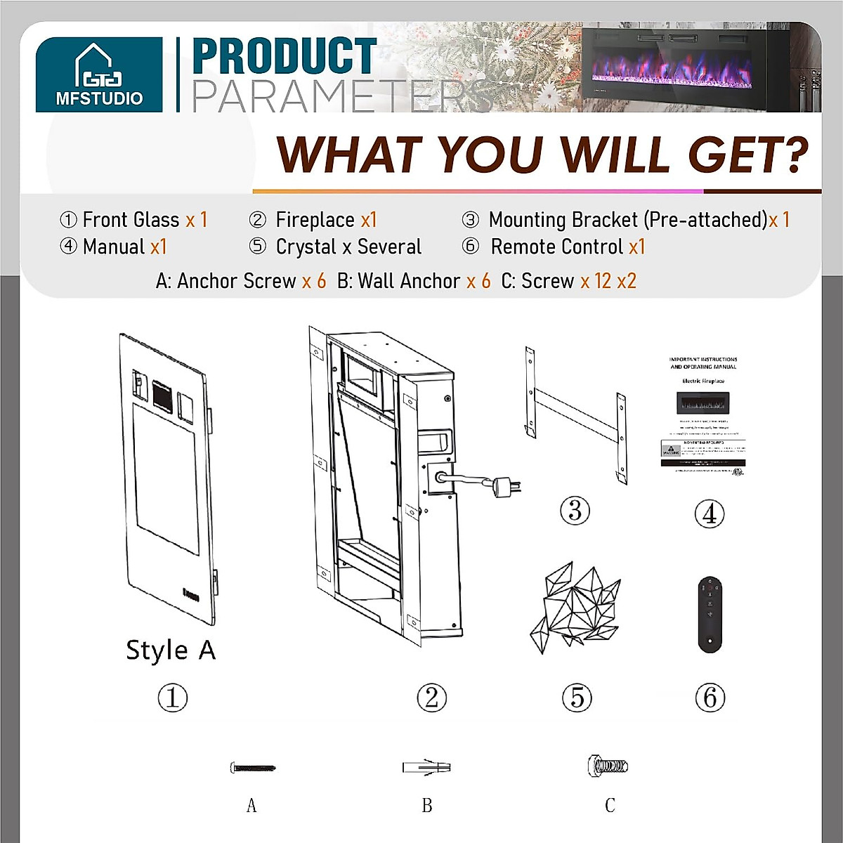 MFSTUDIO Electric Fireplace, 40 inch Fireplace Heater Recessed and Wall Mounted Low Noise with Touch Screen Remote Control and Timer, 1500W