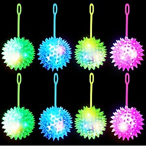 8 Pcs LED Light up Spike Rubber Ball Flashing Light up Bouncy Balls Toy Light up Ball Elastic Light up Sensory Balls Teens Party Favor Sets Soft Colorful Cool Bouncy Stress Ball Fidget Ball Toys