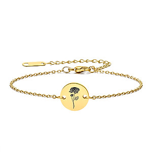 Birth Month Flower Chain Bracelet 18K Gold Plated Dainty Simple Month Birth Floral Disc Charm Engrave Coin Bracelets Minimalist Delicate Custom for Mom Daughter Gift for Her