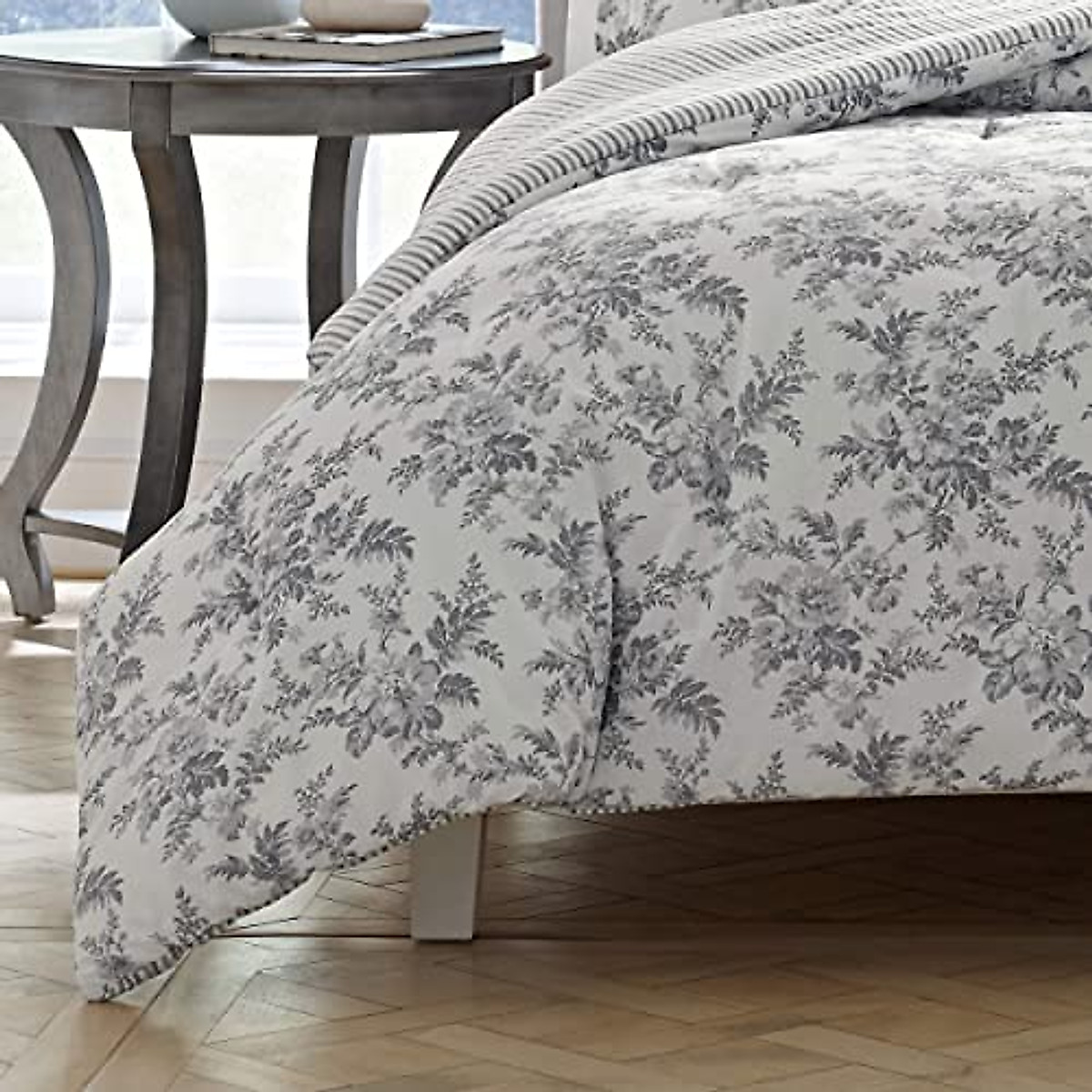 Laura Ashley- King Duvet Cover Set, Reversible Cotton Bedding Set, Includes Matching Sham(s) with Bonus Euro Sham(s) & Throw Pillow Covers (Annalise Floral Grey, King)