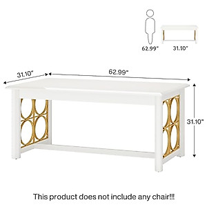 LITTLE TREE 63-inch White Executive Desk, Modern Office Desk with Stable Gold Metal Legs, Large Office Computer Desk, Home Office Business Furniture, Glossy White