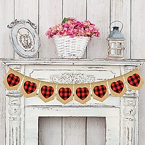 Doumeny Valentine's Day Burlap Banner Black Red Plaid Heart Garland Valentine Heart Banner Vintage Rustic Burlap Bunting for Engagement, Bridal Shower,Wedding, Anniversary, Valentines Decor