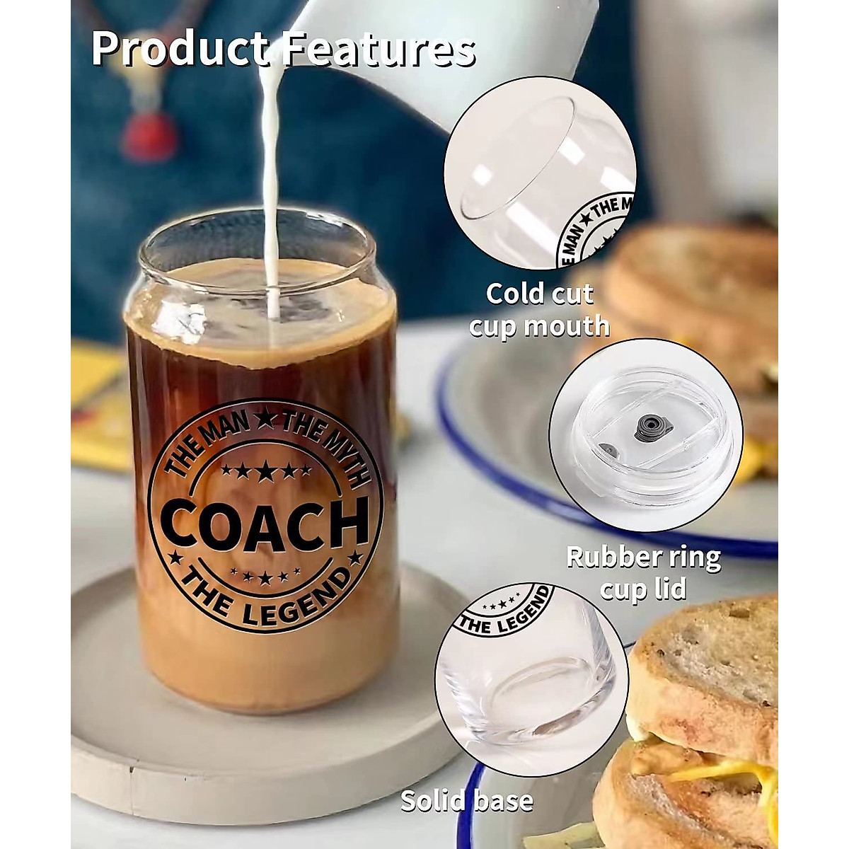 Coach Gifts for Women/Men，Best Coach Gifts,Drinking Glasses with With lid and straw-16oz Can Shaped Glass Cups, Beer Glasses, Iced Coffee Glasses, Cute Tumbler Cup, Ideal for Cocktail, Whiskey