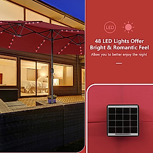 Tangkula 15FT Double-Sided Patio Umbrella with Solar Lights, Extra-Large Umbrella W/ 48 LED Lights & Auto-Charging Solar Panel, Outdoor Twin Market Umbrella W/Weighted Base Stand (Burgundy)
