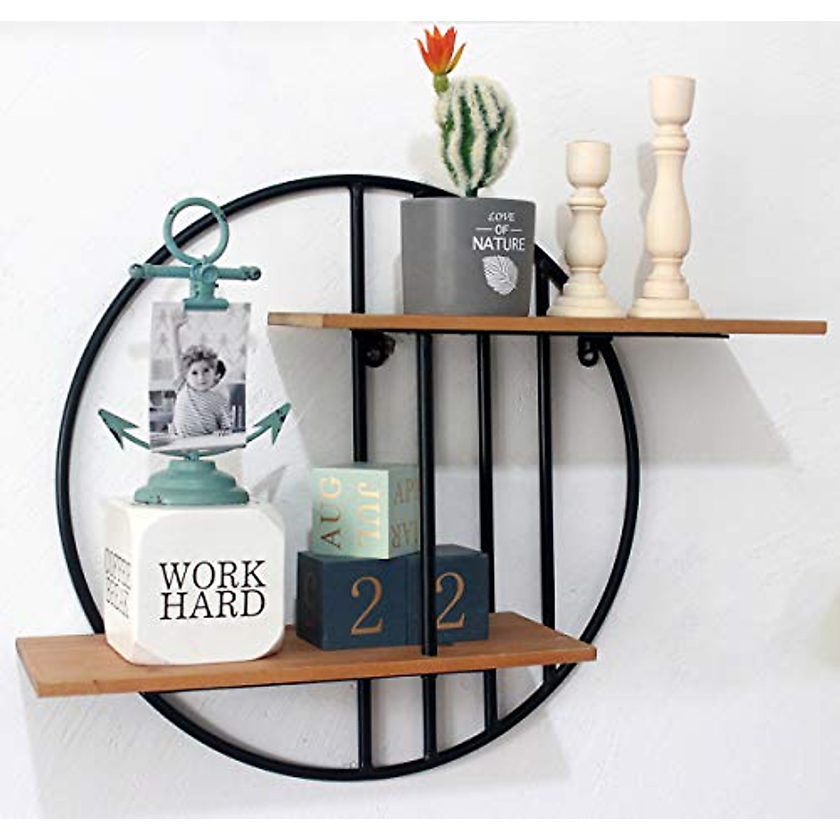 Funerom Rustic Wood and Metal Wall Mounted Floating Shelves Decorative Round Wall Shelf for Living Room, Bathroom, Kitchen