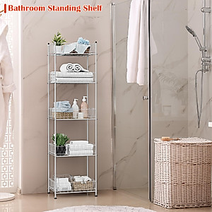 smusei Bathroom Storage Shelf Freestanding Bathroom Shelves Organizer, 5 Tier Bathroom Towel Storage Rack Stand Metal Wire Shelving Units for Small Space Kitchen Pantry Laundry Room, Silver