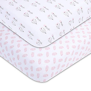 Adrienne Vittadini Bambini Jersey Cotton Standard Crib Sheets 2 Pack Watercolor Floral & Ovals, Pink