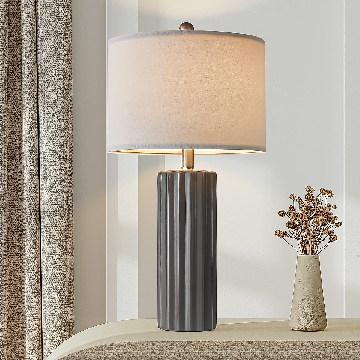 Oneach 25'' Farmhouse Ceramic Table Lamp Set of 2 for Bedroom Living Room House Decor Deep Charcoal Grey Desk Lamps Home Office Dorm Rustic Modern Style Lamp