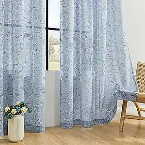 Blue Sheer Curtains for Living Room Bedroom 63 Inch Length 2 Panels Set Leaf and Tree Branch Curtains Rod Pocket Light Filtering Drapes Flax Linen Blend Window Curtains Casual Privacy Decor, 52X63