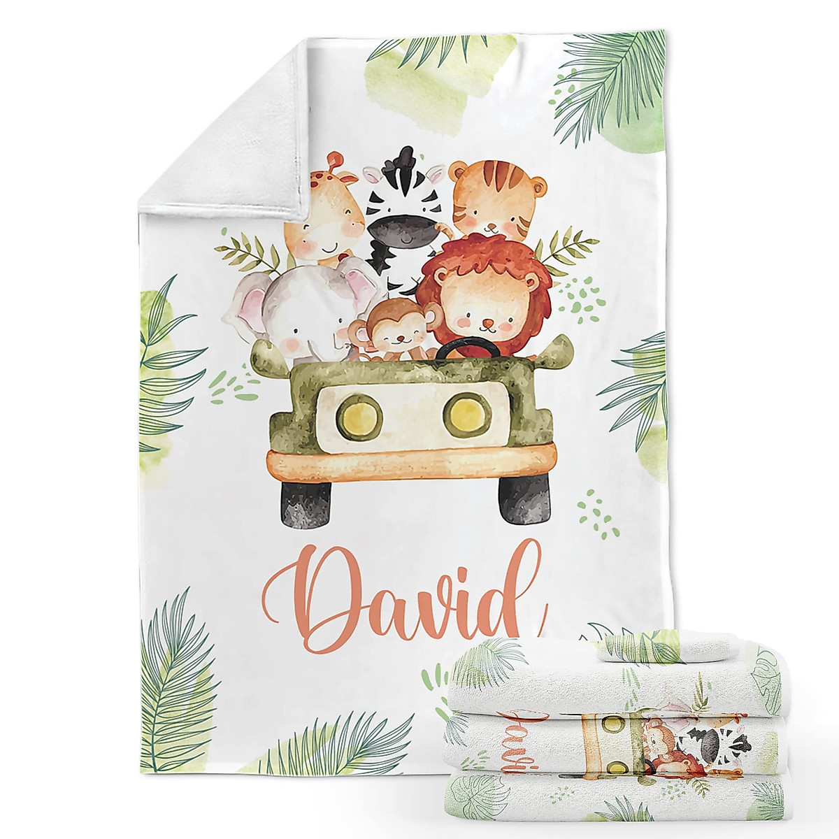 ZouZou Personalized Baby Blankets with Name, Customized Baby Blankets for Boys- Safari Baby Blanket, Best Gift for Baby, Newborn, New Mom, Super Soft Plush Fleece, 30 x 40 inch