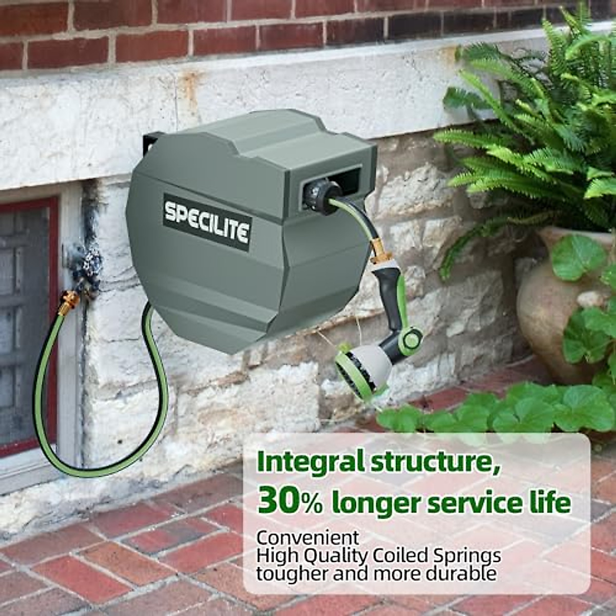 SPECILITE Retractable Heavy Duty Garden Hose Reel, 1/2" X 66 + 5 FT 2 Year Anti-Fading Wall Mounted Hose Reel, Smooth Automatic Rewind, 9 Pattern Sprayer, 180° Swival Bracket, Any Length Lock