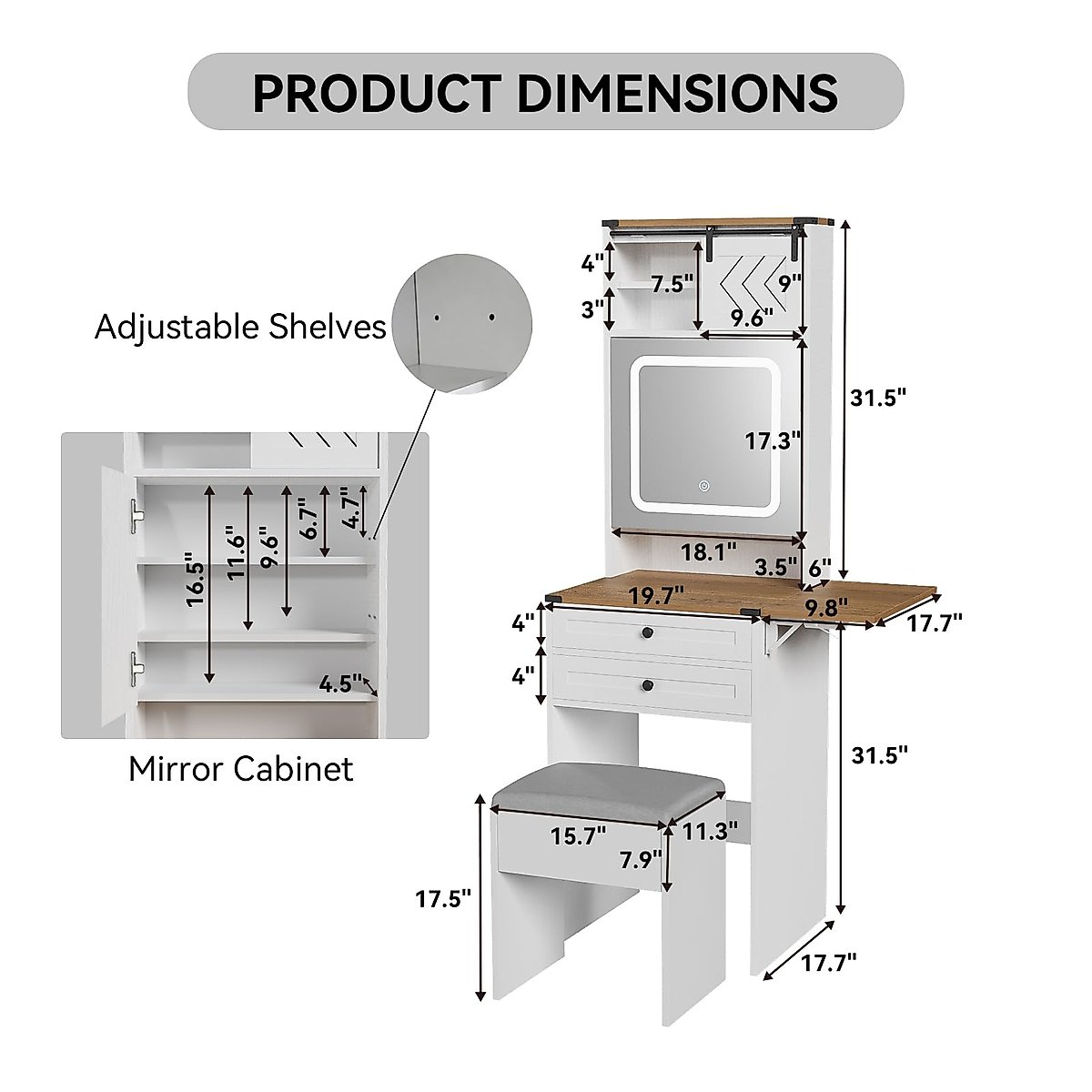 ARTETHYS Farmhouse Small Vanity Desk Set with Mirror Cabinet Compact Makeup Vanity Table with 3 Adjustable Lighted Mirror and Storage Chair for Small Space, White Dressing Table with Fold-up Panel