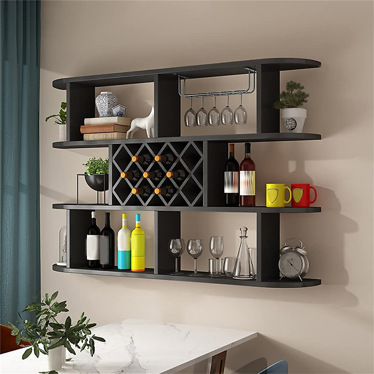 LITFAD Wine Holder Rack Modern Wall Mounted Manufactured Wood Wine Rack Restaurant Wine Bottle & Glass Rack Simple Shelf for Living Room Kitchen - Black 63" L x 9" W x 38" H