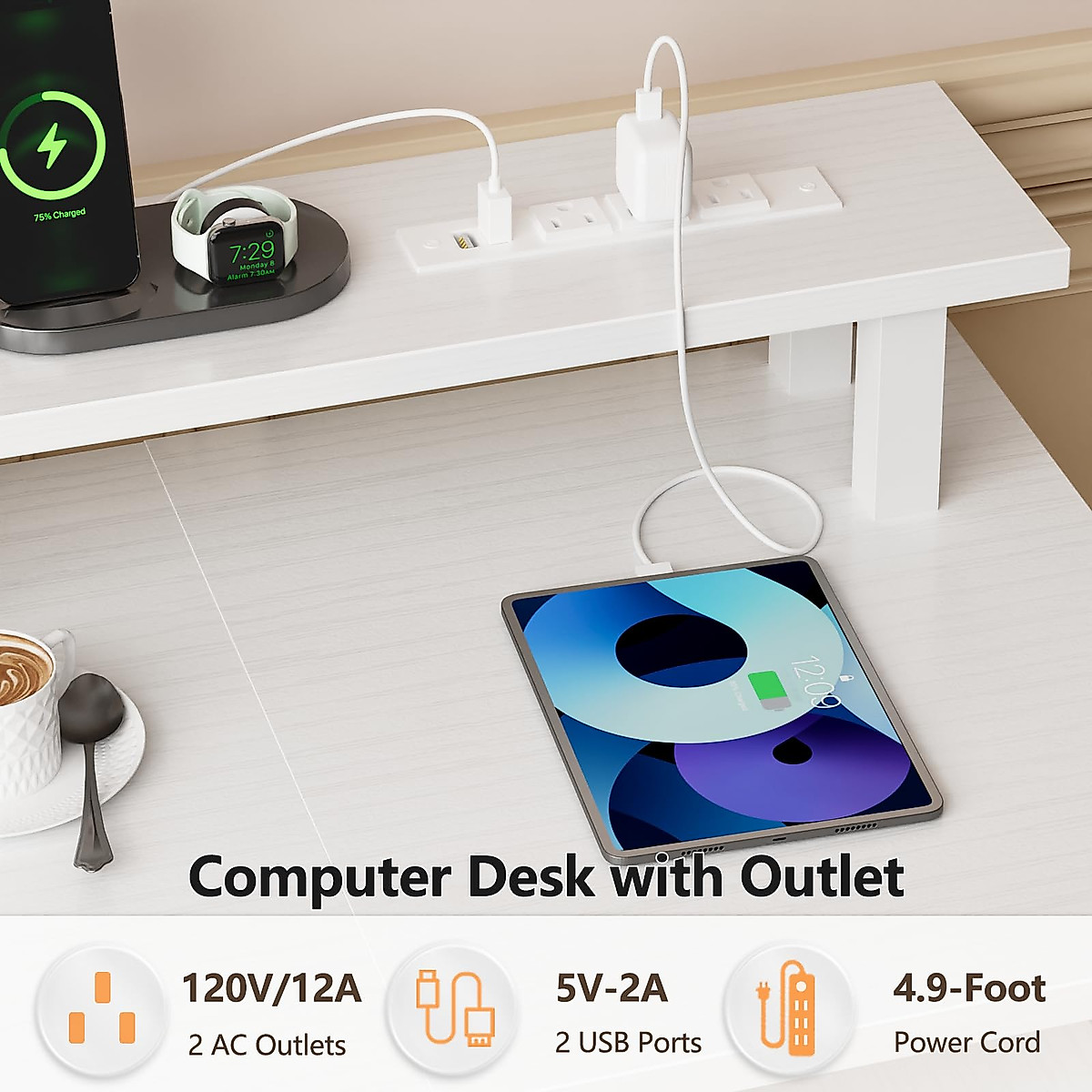 Furologee 61 Inch Desk with 4 Drawers, Computer Desk with Power Outlets and LED Lights, Office Desk with Long Monitor Stand, Large Gaming Desk with Shelf for Home Office/Bedroom/White