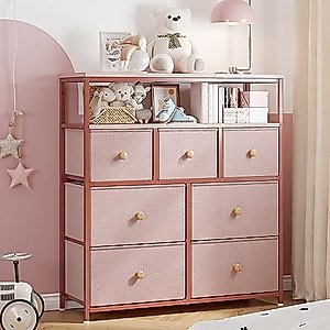 EnHomee Pink Dresser, Dresser for Bedroom with 7 Drawers, Chests of Drawers & Fabric Dresser for Girls Bedroom with Wood Top and Metal Frame, Nursery Dresser for Living Room, Closet, Entryway