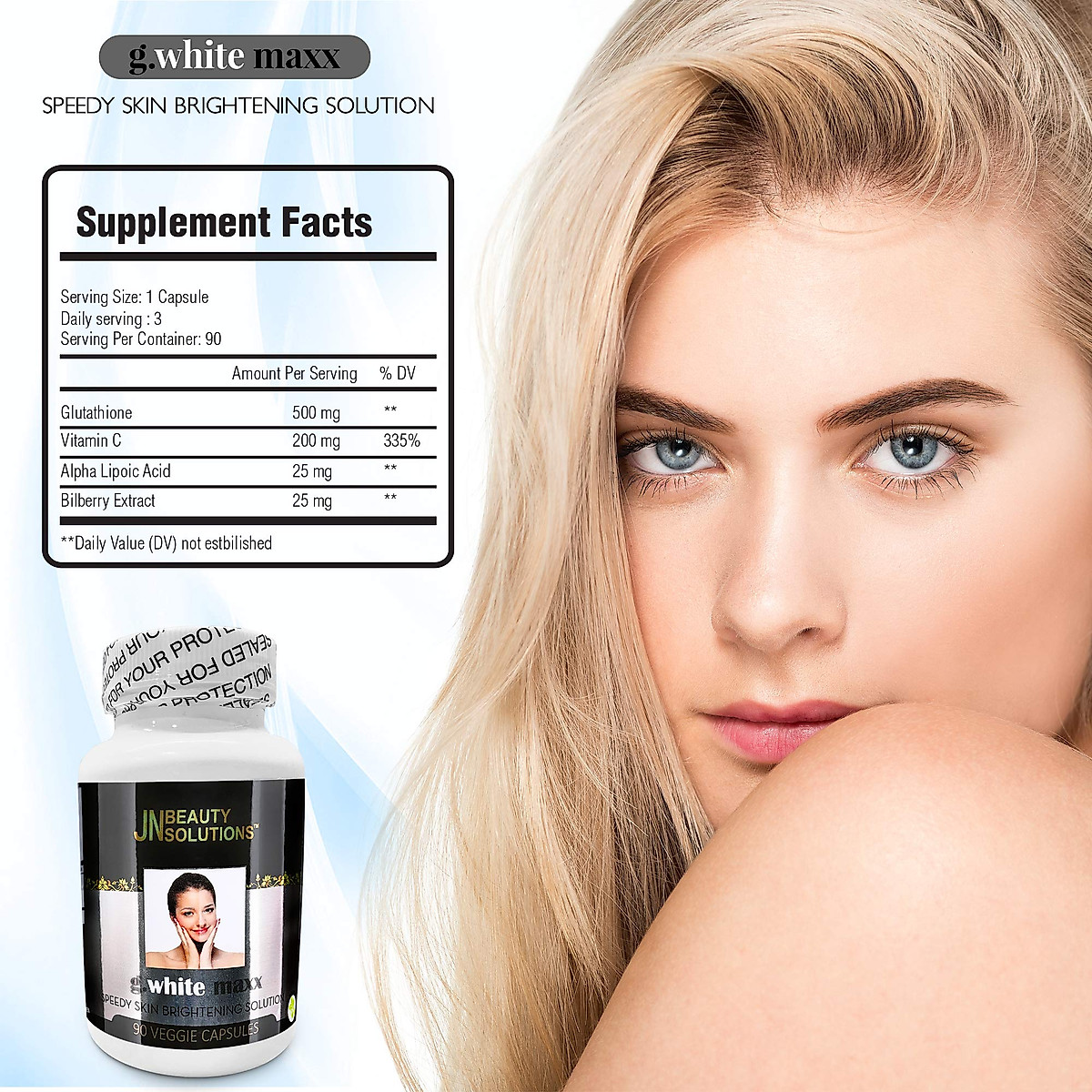 Skin BRIGHTENING Supplement G.White MAXX, Increase The Immune System, Boost Anti-Oxidants and Complexion Lightening Skincare with Glutathione, Vitamin C and European Bilberry Extract.