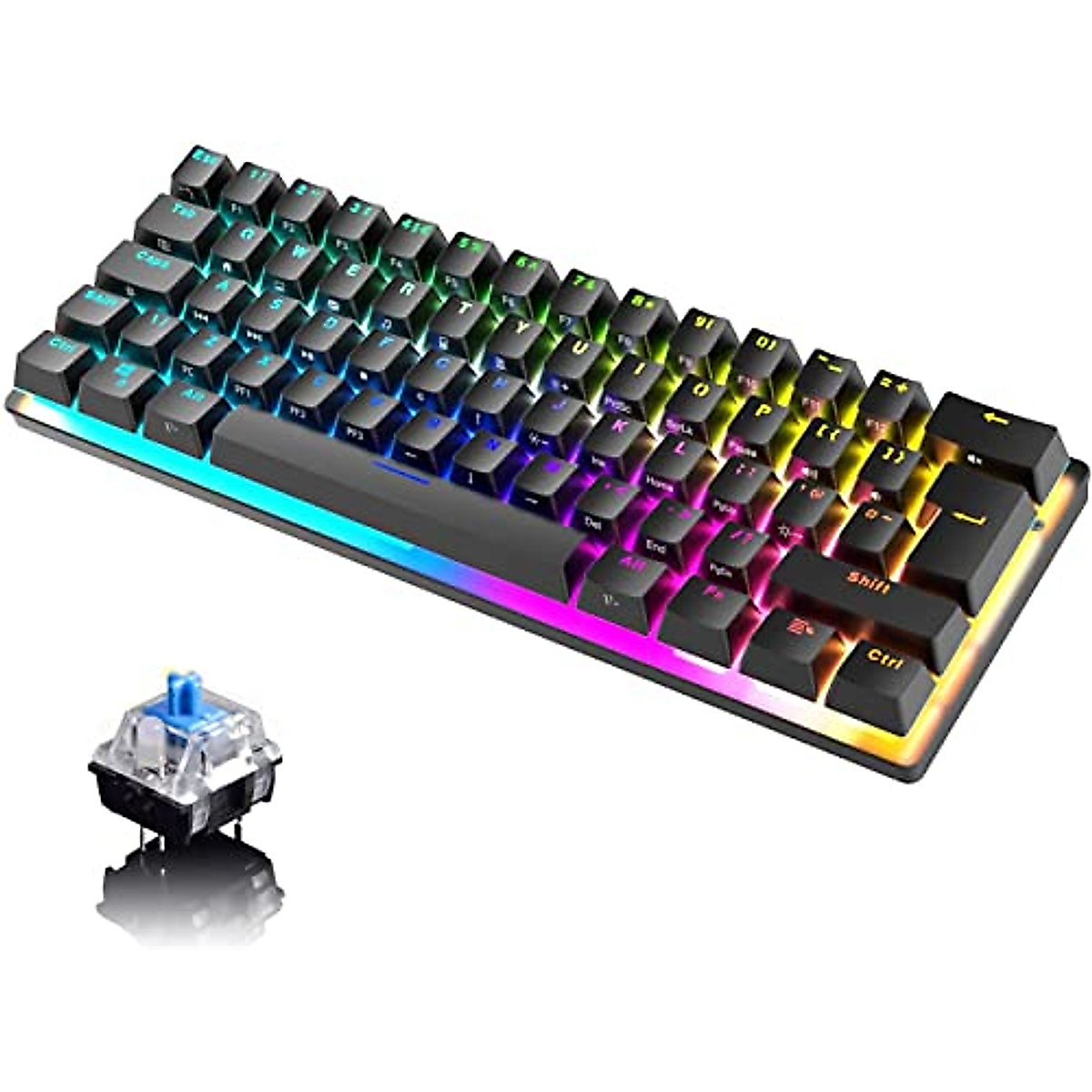 Compact 60% Mechanical Gaming Keyboard with Ergonomic Anti-ghosting Mini 61 Key Layout Rainbow RGB Backlight Waterproof Metal Plate Type-C USB Wired for PC Mac Gamer Office Typist (Black/Blue Switch)