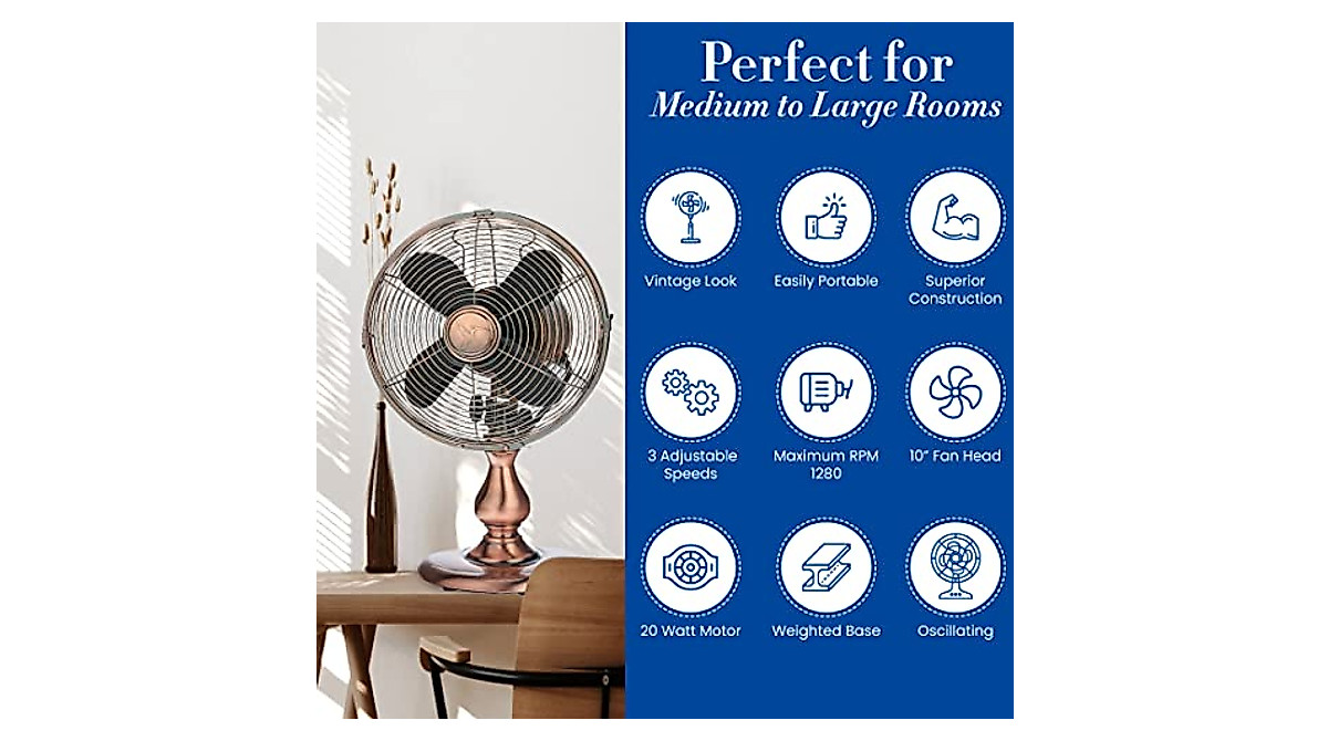 DecoBREEZE Copper Oscillating Table Fan - 3-Speed Design