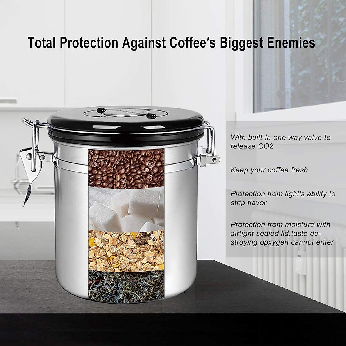 NEX Airtight Coffee Canister, Stainless Steel Storage Container (22OZ) with Scoop, Visible Window and Date Tracker, One Way Co2 Valve, Coffee Jar for Beans or Grounds, Kitchen Food, Tea, Sugar,Silver