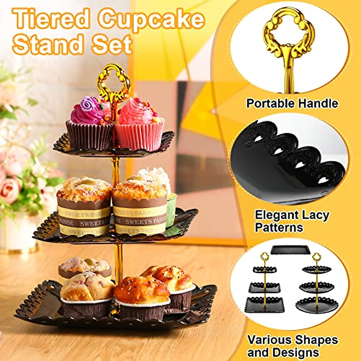 10 Pcs Dessert Table Display Set 3 Tiers Plastic Cupcake Stand Rectangle Serving Trays Tablecloth Sequin Table Runner for Wedding Birthday Baby Shower Tea Party Decorations (Black)
